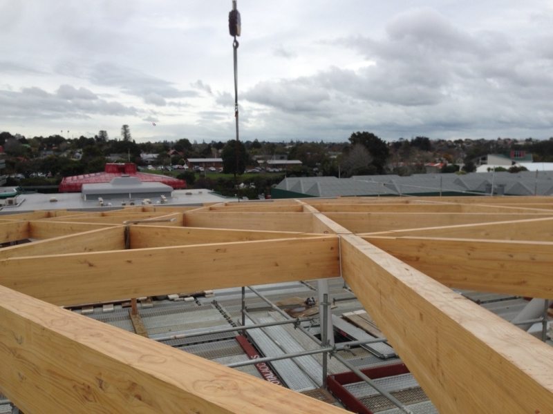Large exposed Glulam roof rafters in diagrid arrangement