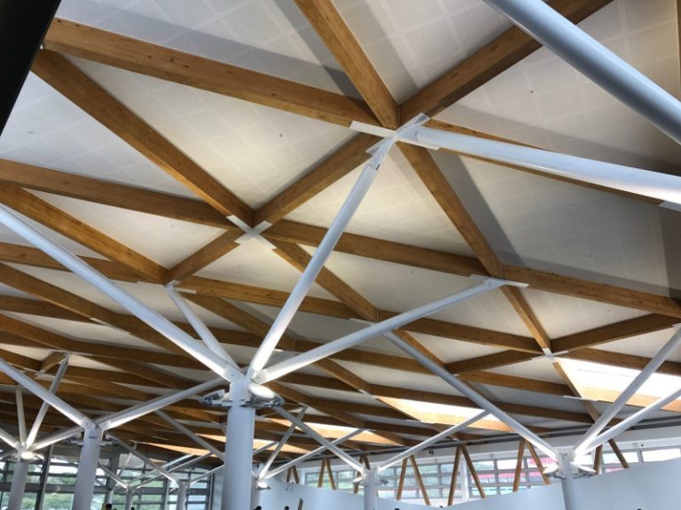 Large exposed Glulam roof rafters in diagrid arrangement